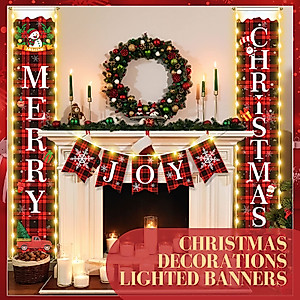 7 Pcs Merry Christmas Banner Lighted Front Porch Sign, Red Black Buffalo Plaid Porch Sign, Joy Merry Christmas Led Lights Door Banner, for Xmas Home Wall Door Yard Hanging Holiday Party Outdoor Decor