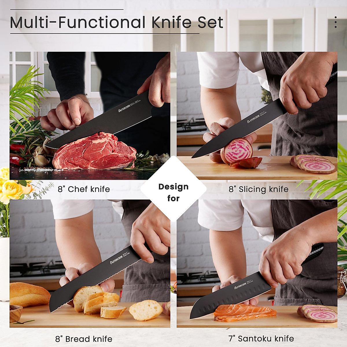 Astercook Knife Set, 15 Pieces Kitchen Knife Sets with Block and Built-in Knife Sharpener, German Stainless Steel Handle One-Piece Design Knives Block Set Dishwasher Safe, Black