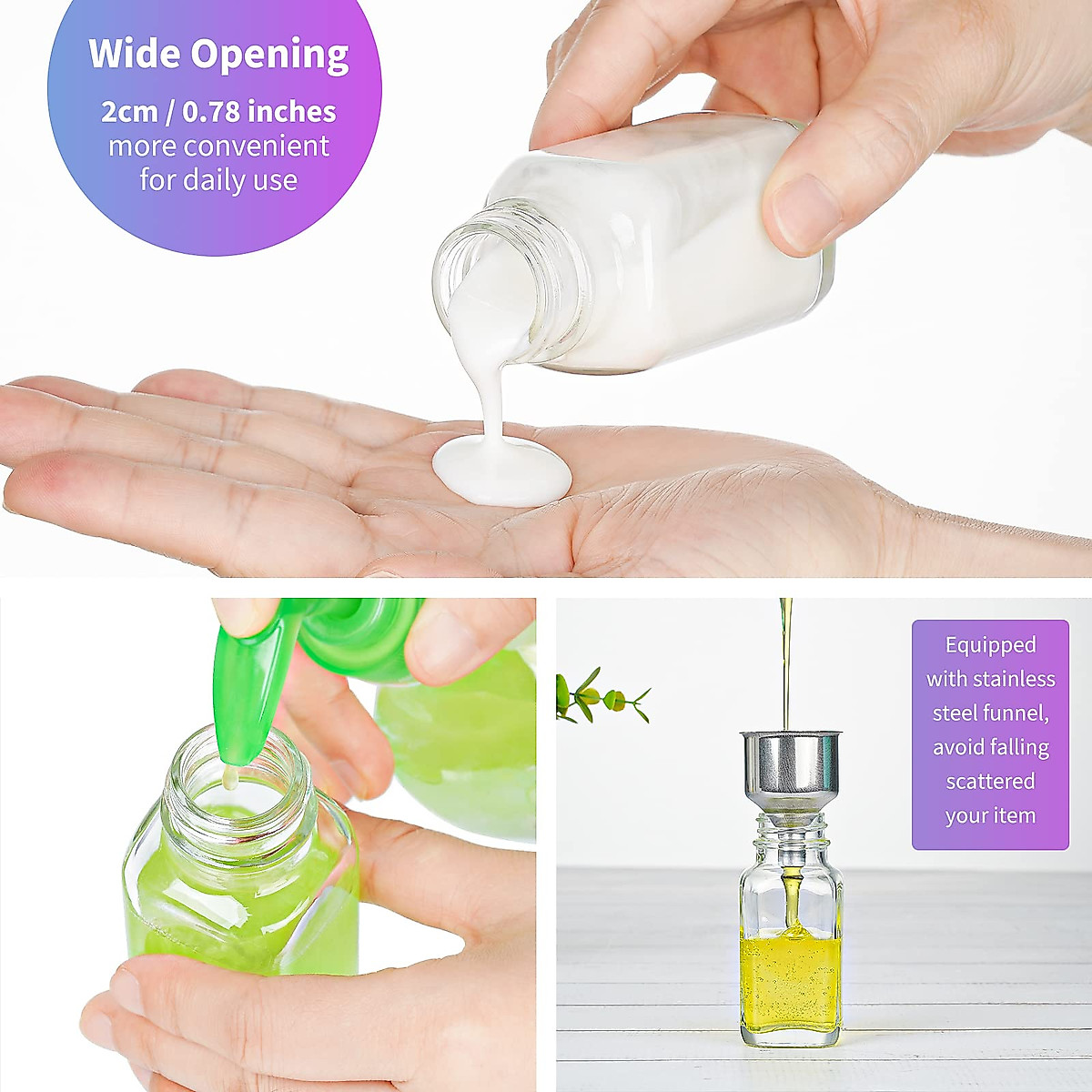 Syntic Clear Reusable Ginger Shot Bottles with Caps - 8 Pack 2 oz Small Square Glass Jars with 8 Sealed Conical Inner Caps & 8 Airtight Lids, Wide Mouth Juice bottles for Fridge, Extra Sticker, Funnel