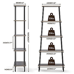 MXARLTR 5 Tiered Bookshelf, Ladder Shelf Etagere Bookcase, Wood and Metal Ladder Bookshelf, Display Freestanding Open Storage Rack for Living Room Bedroom Bathroom Kitchen Office, Gray Oak