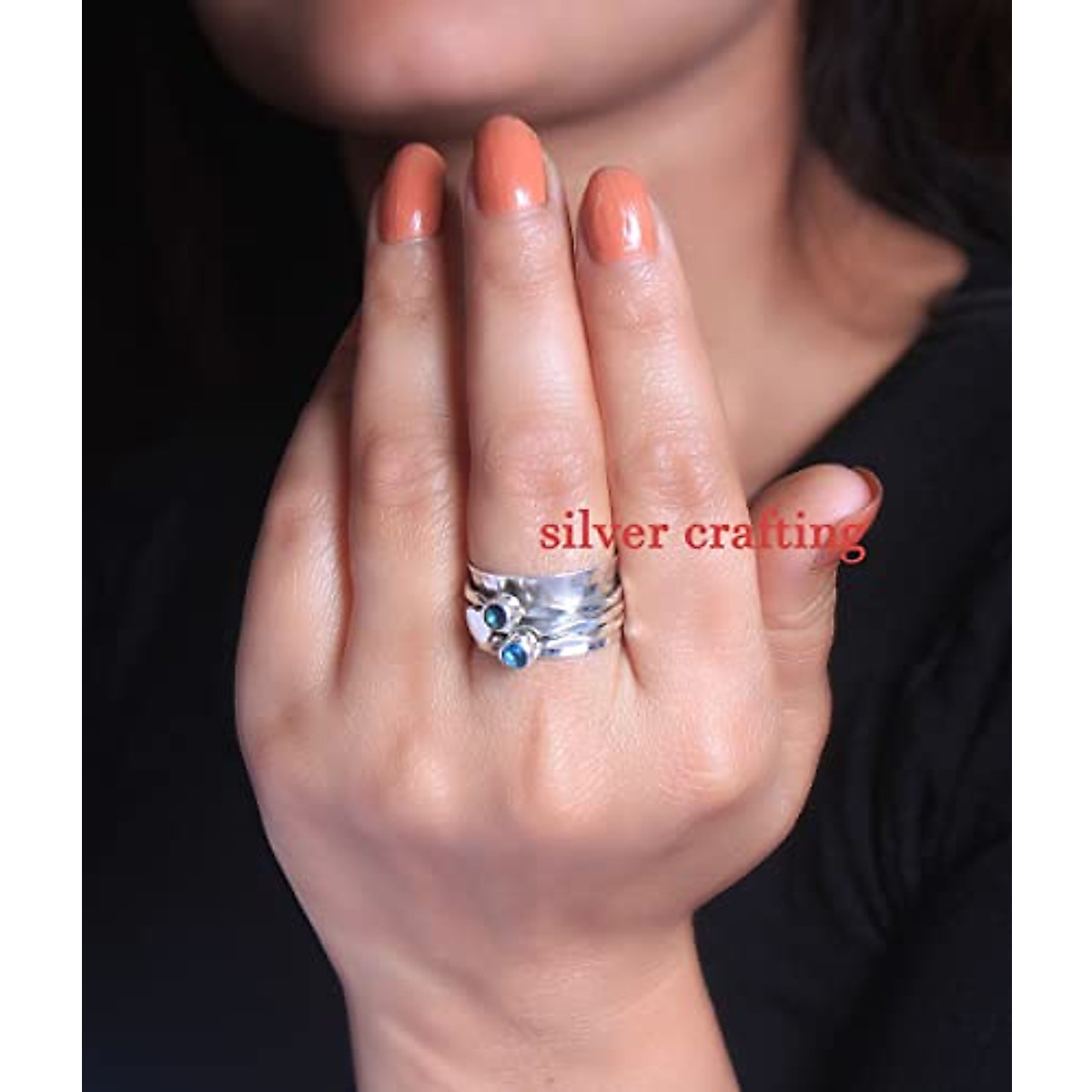 Blue Topaz Gemstone Silver Spinner meditation Fidget Spinning Ring (13)