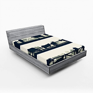 Ambesonne Fence Fitted Sheet, Agriculture Theme Grazing Farm Animals Cows Bulls Silhouette Rural, Soft Decorative Fabric Bedding All-Round Elastic Pocket, Full Size, Petrol Blue