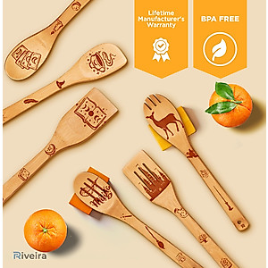 Riveira Magic Wizard Gifts Organic Wooden Spoons For Cooking Utensils Set 6-piece - Christmas Gifts For Women Kitchen Utensils Spatulas For Nonstick Cookware Gifts For Cooking Lovers
