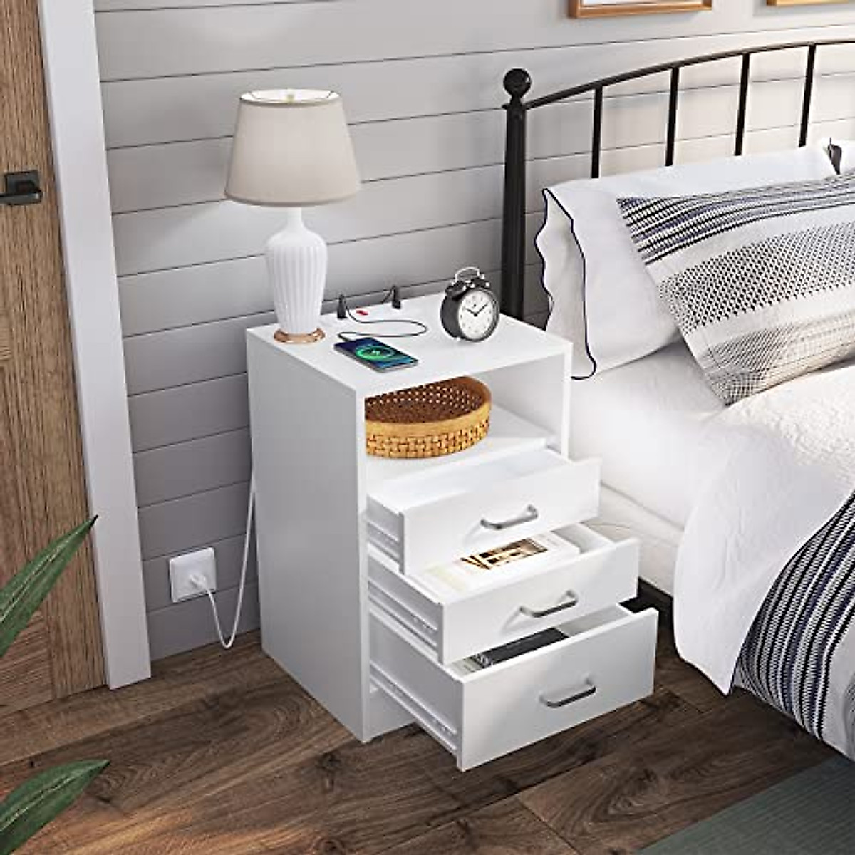 ADORNEVE Nightstand 3 Drawers with Open Storage,Side Tables Bedroom with Charging Station,Bedside Table with Drawers,White