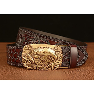 HYJTYA Men's Ratchet Genuine Leather Belt with 3D Eagle Sliding Buckle,Vintage Western Cowboy Leather Engraved Belt (Gold Brown, 39" to 42" Waist Adjustable)