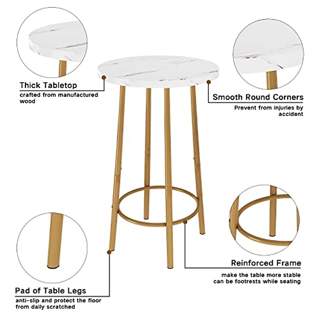 Hooseng Bar Table and Chairs Set, 3-Piece Bistro Pub Dining Table Set, Faux Marble High Top Bar Table and 2 Upholstered Stools w/Backrest, Space Saving Kitchen Table Set for Home to Restaurant, Grey