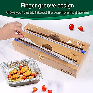 2 in 1 Food Wrap Organizer with Cutter, Bamboo Wrap Dispenser for Aluminum Foil, Wax Paper, Plastic Wrap, Wall Mounted or Kitchen Drawer Organization and Storage Holder,Max for 12" Roll