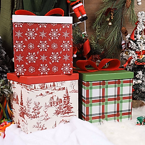 LaRibbons Large Christmas Gift Boxes with Lids,10x10x10 Inches Snowflake Design Folding Square Gift Boxes for Christmas Decorative,Xmas,Present,Storage,Red