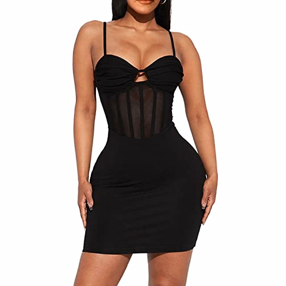 Uni Clau Women Sexy Halter V Neck Mesh Mini Dress Bodycon Spaghetti Straps See Through Patchwork Dress Party Club Night Out Mini Dress Black XL