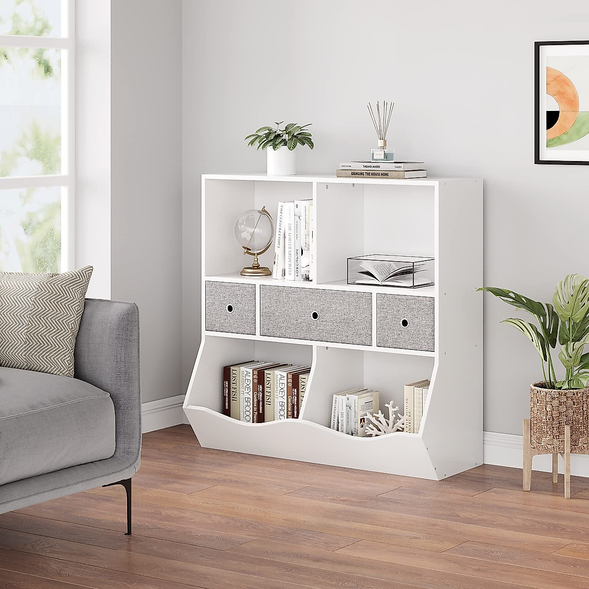 Amyove Kids Bookshelf and Bookcase Toy Storage Multi Shelf with Cubby Organizer Cabinet and Drawers for Boys Girls,for Children's Room, Playroom, Hallway, Kindergarten, School,Bedroom (White)