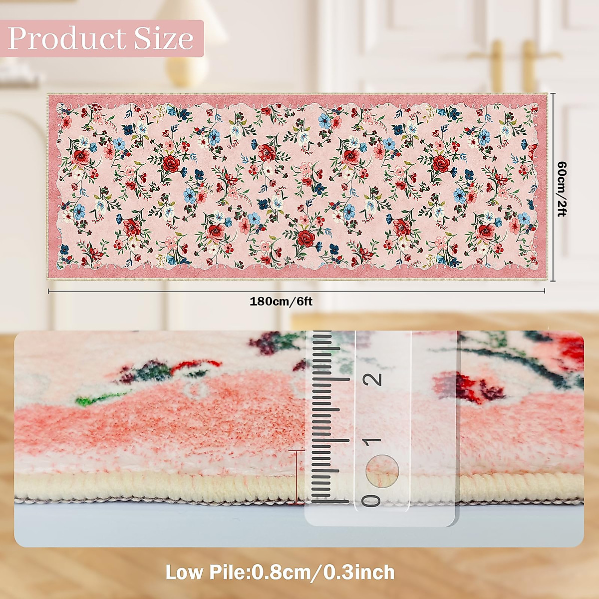 Rug Runners for Hallways, Kitchen Runner Rug Non-Slip, 2x6 Washable Runner Rug, Throw Rugs with Rubber Backing, Soft Floral Rug Low Pile Carpet Runner for Laundry Room and Entryway-Pink