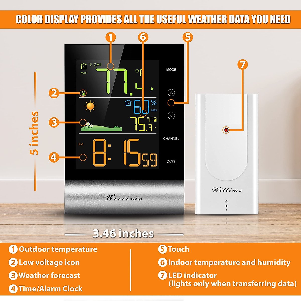Wittime 2079 Indoor Outdoor Thermometer Wireless Temperature and Humidity Monitor Inside Outside Thermometer for Home with Temp Sensor,hd lcd