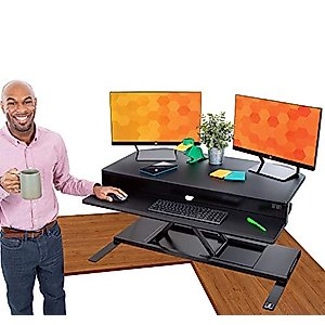 Flexpro Power 40 Inch Electric Corner Desk Converter for Cubicles and L-Shaped Desks with Quiet Height Adjustments, Large Dual Level Sit to Stand Computer Workspace (Black, 44in x 32in)