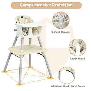 BABY JOY High Chair, 5 in 1 Convertible Highchair for Babies & Toddlers | Booster Seat | Table and Chair Set | Infant Feeding Chair with Removable Tray, Safety Harness, Removable Cushion (Beige)