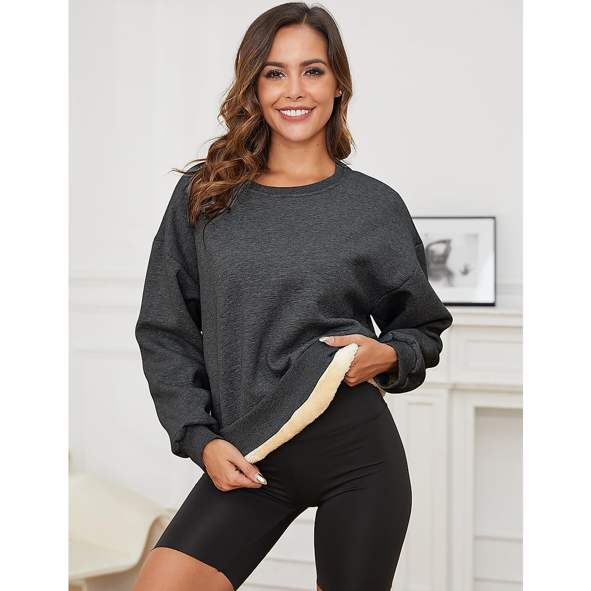 Gihuo Women's Winter Fleece Sherpa Lined Sweatshirt Crewneck Pullover Warm Heavyweight Long Sleeve Sweatshirt(DarkGrey, Small)