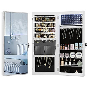 Hzuaneri 8 LEDs Mirror Jewelry Cabinet, 35.4-inch Jewelry Armoire Organizer, Wall/Door Mount Lockable Storage Cabinet with 4 Earrings Shelves, 2 Makeup Pockets, White and Black JC9003B