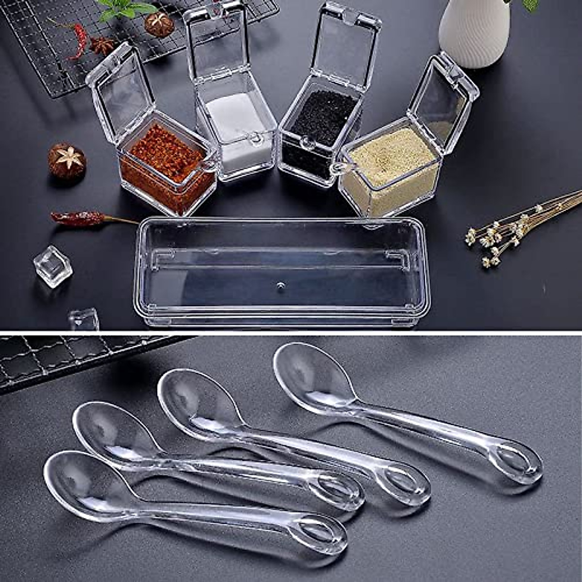 Dfacio Clear Seasoning Containers, Sugar Container Salt Box Condiment Containers with Spoons and Tray, Catering Supplies for Coffee Bar and Hot Cocoa Bar