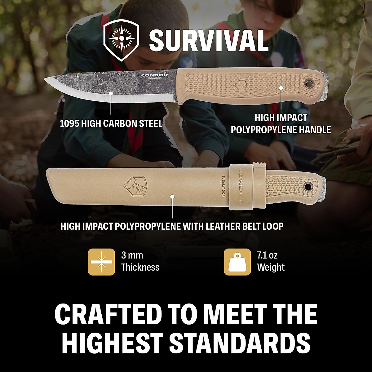 Condor Tool & Knife Terrasaur Knife Desert - 1095 High Carbon Steel - Bushcraft Knife with Scandi Edge - Fixed Blade Knife with High Impact Polypropylene Sheath - 3mmThick - 4.2in Blade - 7.1oz