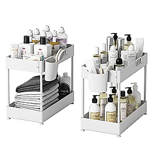Under Sink Organizer, Under Bathroom Cabinet Storage 2 Tier Under Sink Storage Rack with 6 Hooks, Under Cabinet Organizer Baskets, Multi-purpose Under Sink Shelf Organizer for Bathroom Kitchen