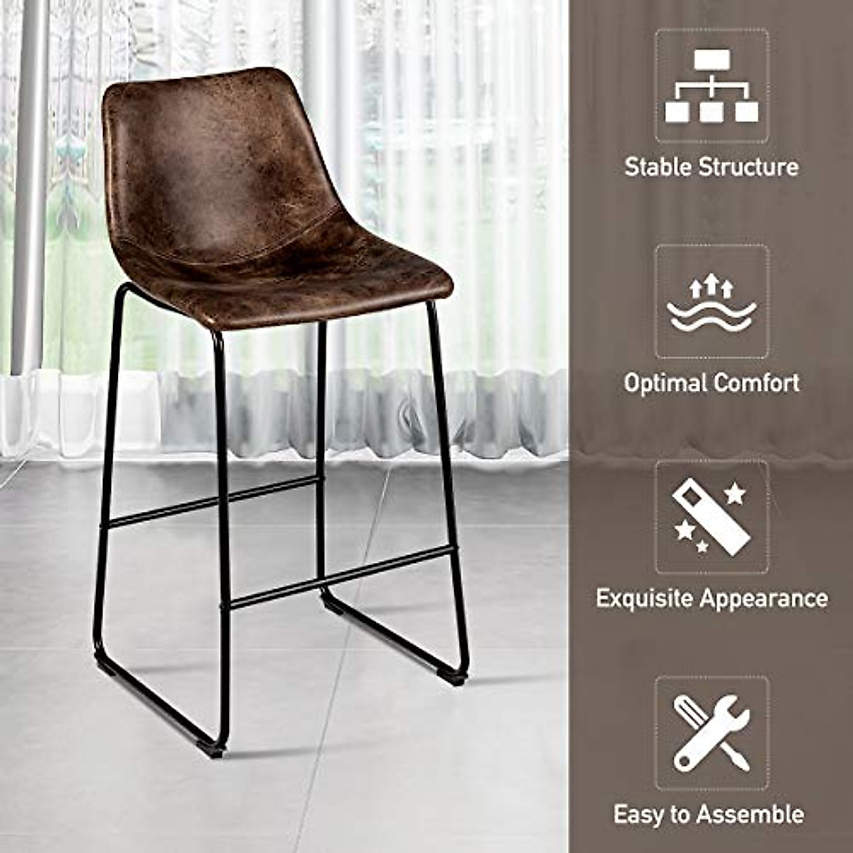 COSTWAY Set of 4 Bar Stool, Vintage Faux Suede Bar Stools, with Metal Legs, Back and Footrest, Upholstered Stool Chairs for Home Kitchen, Pub (Grey, 4)