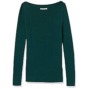 Amazon Essentials Women's Lightweight Ribbed Long-Sleeve Boat Neck Slim-Fit Sweater, Forest Green, Large