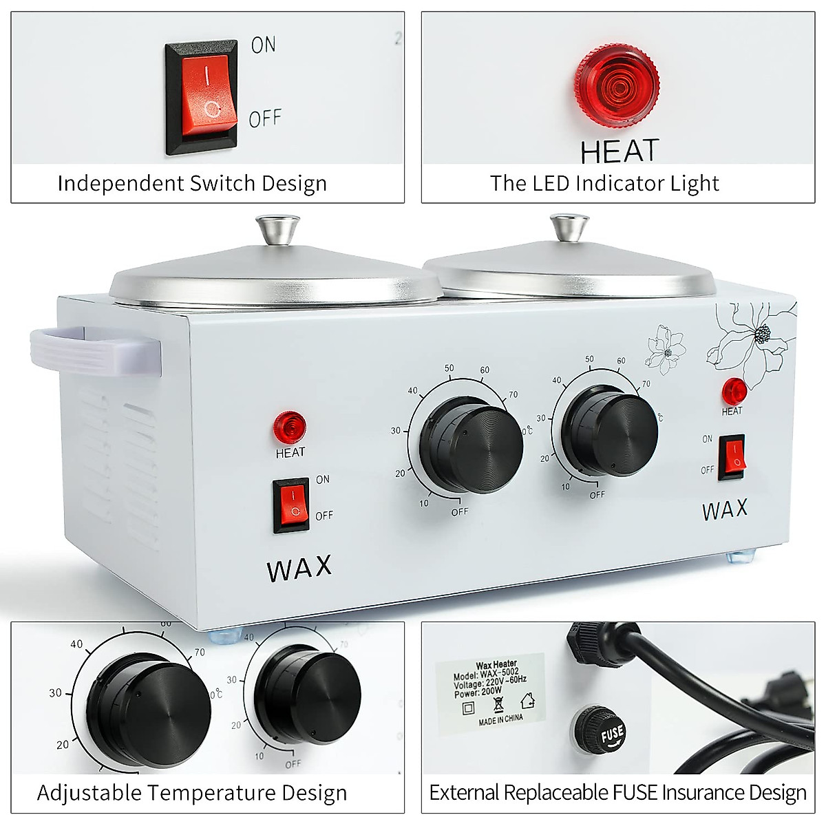 Electric Double Wax Warmer Professional Aluminum Hair Removal Wax Heater with Wax Applicator Sticks Hard Wax Beads Melter Waxing Set Pot