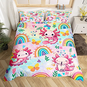 Feelyou Cute Axolotl Comforter Cover Set Cartoon Salamander Duvet Cover for Kids Boys Girls Rainbow and Butterflies Bedding Set Ombre Bedspread Cover Bedroom Collection 3Pcs Full Size