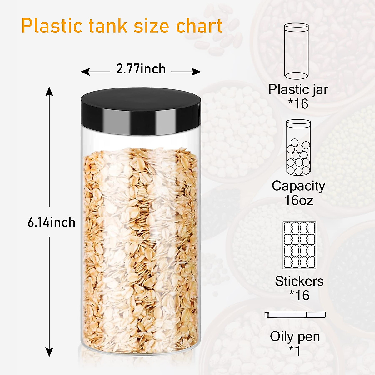 Hajoyful Plastic Jars with Lids 16OZ 16PCS Small Empty Slime Cosmetics Containers Clear Gift Food Jars Round PET Cream Jars with Black Lids Pen Labels for Kitchen Storage Spices Dry Food Butter