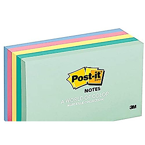 Post-it Notes, 3x5 in, 5 Pads, America's #1 Favorite Sticky Notes, Marseille Collection, Pastel Colors (Pink, Mint, Yellow), Recyclable (655-AST)