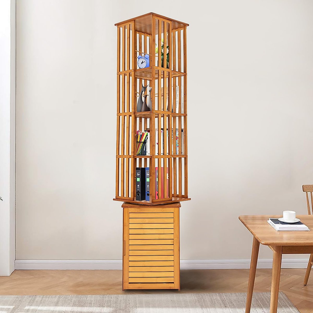 Rotating Bookshelf Bookcase, 6-Tier Corner Bamboo Book Shelf, 360° Display Rotating Storage Rack, Freestanding Bookcases with Open Design Shelving for Living Room Study Room Office (Dark Wood Color)
