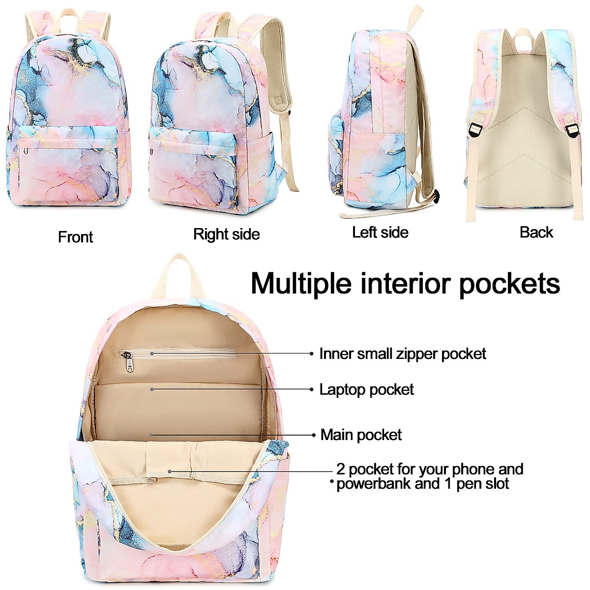 BTOOP Girls School Backpack Marble Schoolbag Laptop Bookbag Insulated Lunch Tote Bag Purse Teens Boys Kids (Marble 31-pink)