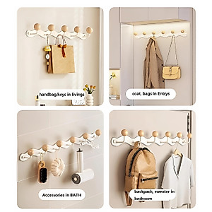 Nolbiph Coat Rack Wall Mount,White Wall Hooks Adhesive & Screw in,Anti-Tear Wooden Ball Hook Rail, Heavy Duty Metal Coat Hanger Wall Mount for Entryway, Bathroom, Bedroom, Kitchen1PACK (4-tri Hooks)