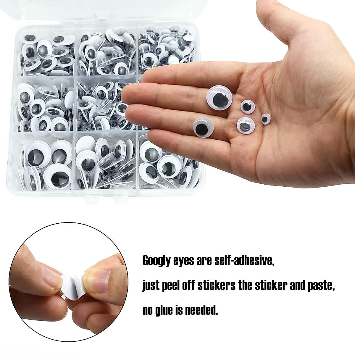 560 Pcs Wiggle Googly Eyes with Self-Adhesive, 6mm 8mm 10 mm 12mm 15mm Mixed Packaging (Black and White)