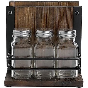 MyGift Rustic Burnt Solid Wood Napkin Holder and Salt & Pepper Caddy, 4 Piece Set Dining Tabletop Napkin Dispenser with Condiment Caddy and 3 Glass Bottle Shakers