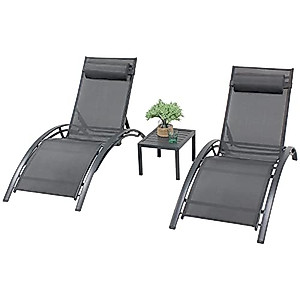 VARVIND Patio Chaise Lounge Chair Set of 3,Aluminum Outdoor Lounge Chair with Headrest,Sunbathing Lounger,Pool Tanning Chairs,Armrest Recliner Chiar with Side Table for Beach,Garden，Lawn(Grey)