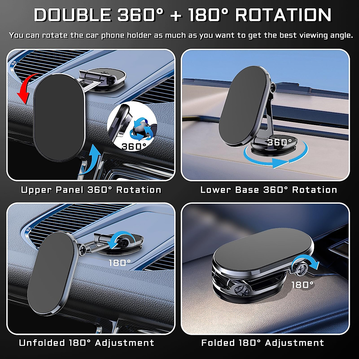 Car Phone Stand, DIPEQOBA Must-Have Alloy Folding Magnetic Cell Phone Mount, Stable Versatile Automobile Dashboard Holder With Dual 360° Rotation, Universal Hands Free Car Accessory for All Smartphone