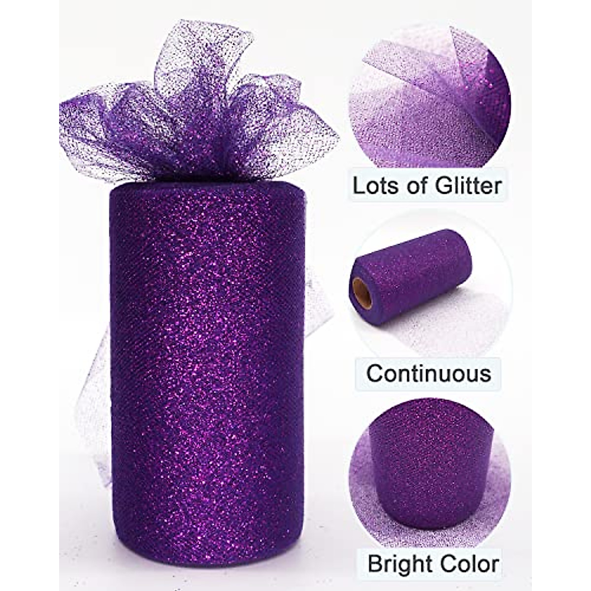 Glitter Tulle Fabric Rolls, 6 Inch 50 Yards (150ft) Sparkling Spool Ribbon Sequin Netting for Tutu Skirt Gift Wrapping Wedding Party Decoration (Purple)