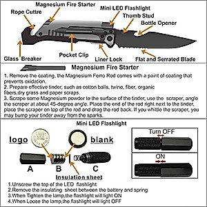 SHUBHADA Damascus Steel Folding Pocket Knives Multi Function Emergency Tool Knives Led Light Magnesium fire starter Seatbelt cutter Glass breaker Bottle opener (Red)