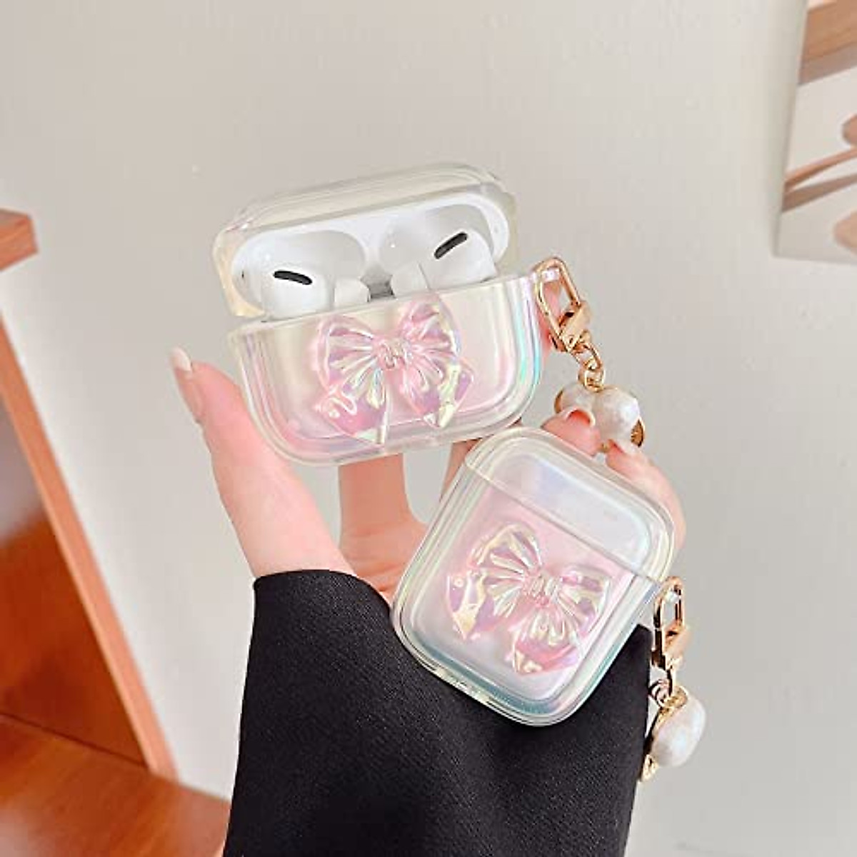 Ownest Compatible with AirPods Case Cute Clear Gradual Laser Bow Pattern Girls Woman Soft Silicone Shockproof Love Heart Keychain Design Cover for AirPods Pro-Transparent