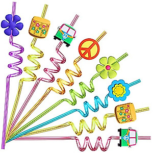 24 60's Hippie Theme Party Favors Retro Flower Cutouts Peace Drinking Straws for 60s Groovy Party Supplies Tie Dye Birthday Party Supplies with 2 PCS Straws Cleaning Brush