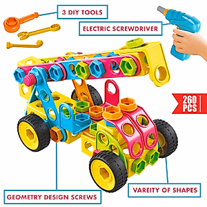 MOBI-US Toys 260 Piece STEM Learning Toys Kids Construction Engineering Kit Building Block Toy Blocks Children Early Education Playset Power Drill w/Free IdeaBook, Clickable Ratchet, Age 3+ US-T260
