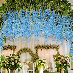 Ranslen 48 Pieces Artificial Wisteria Flower Hanging Silk Garland Vine Ratta Wedding Decor String Home Party Garden Outdoor Decoration Supplies (Blue, 48)