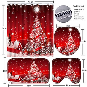 Poedist 4 Pcs Christmas Bathroom Decor Set,Christmas Shower Curtain Sets, Xmas Shower Curtain Sets with Rugs(Bath Mat,U Shape and Toilet Lid Cover Mat) and 12 Hooks,Christmas Tree