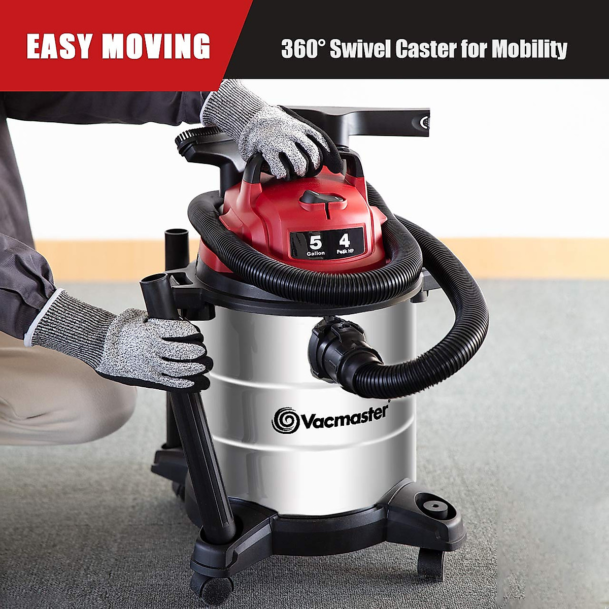 Vacmaster Red Edition VOC508S 1101 Stainless Steel Wet Dry Vacuum 5 Gallon 4 Peak HP 1-1/4 inch Hose Powerful Suction with Blower Function