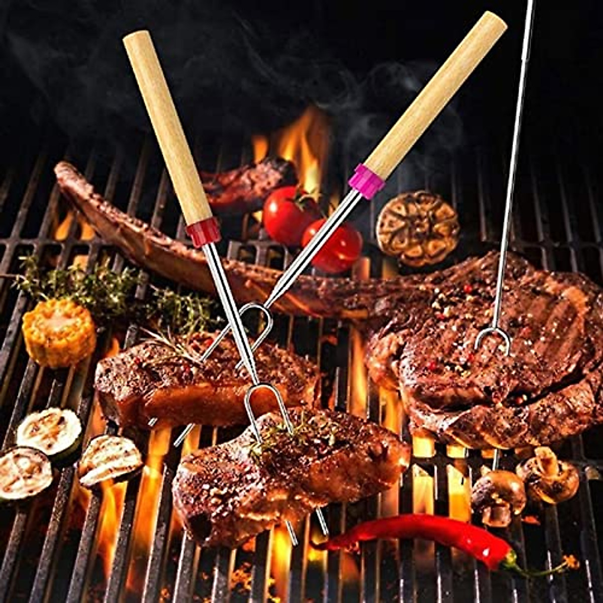 GRILLYARD Marshmallow Roasting Sticks – Smores Skewers for Fire Pit Kit– Durable Stainless Steel Camping Accessories with Wooden Handles – Practical and Easy to Use