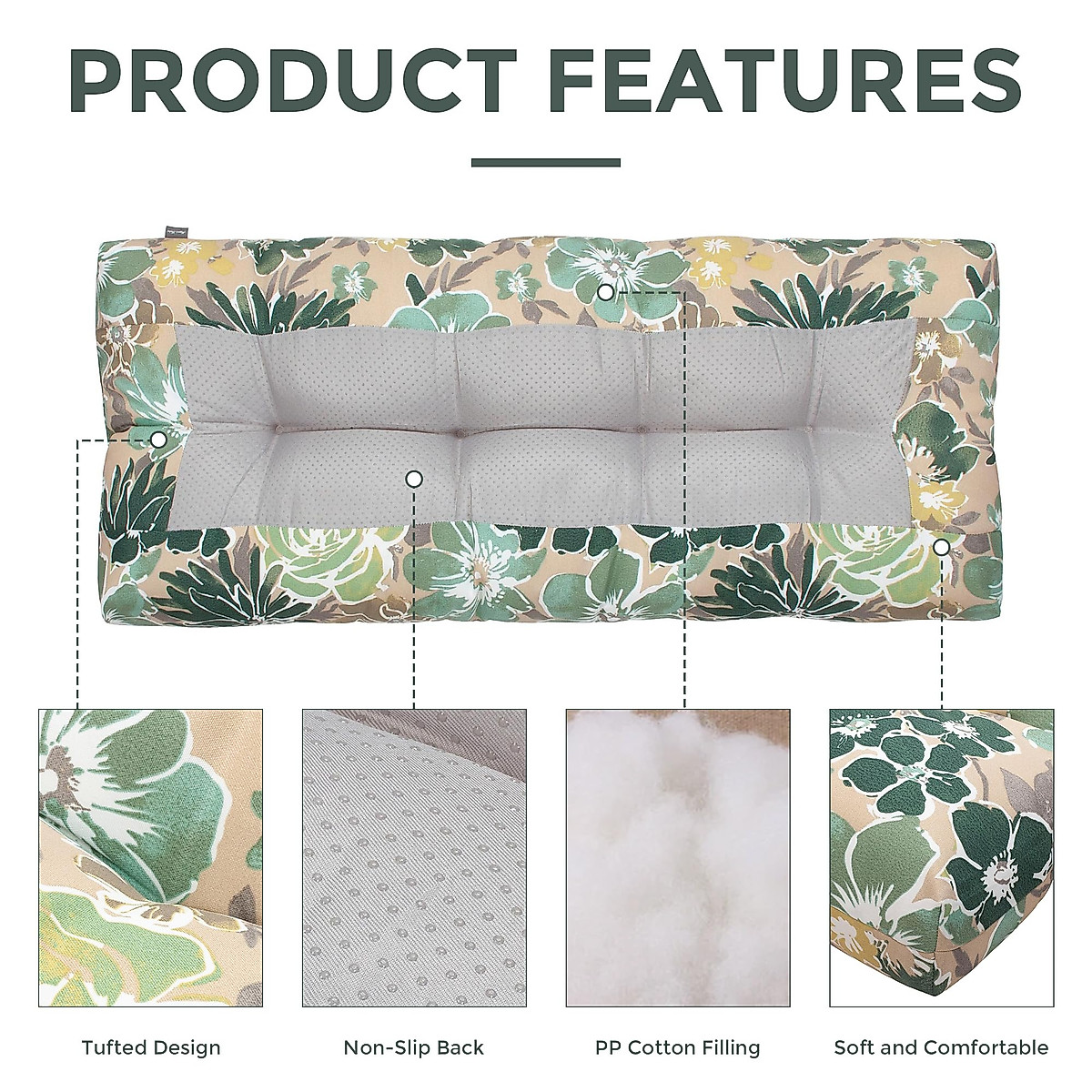 Magpie Fabrics Indoor Outdoor Bench Cushion 42"x18", Non-Slip Tufted Water Resistant Long Seat Pads, Patio Loveseat Cushion for Window, Garden, Swing, Settee - Green Floral