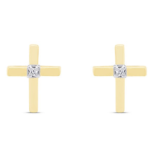 Round Natural White Diamond Cross Stud Earrings For Women's In 14K Yellow Gold Over Sterling Silver, Push Back Earrings Gift For Her