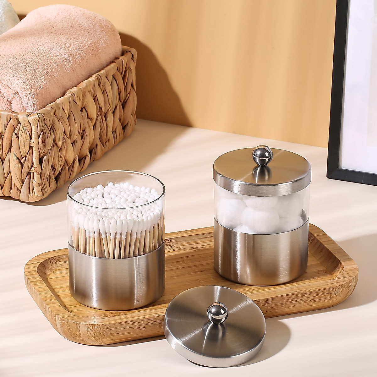 Gaussra Apothecary Jars, Qtip Holder - Stainless Steel Bathroom Jar with Stickers - Farmhouse Decor Qtip Dispenser for Qtips, Cotton Balls, Swabs, Makeup Sponges (2 Pack, Brushed Nickel)