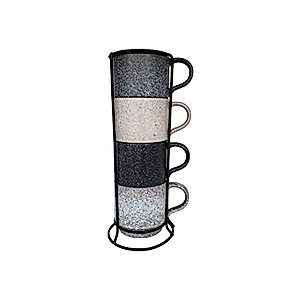 Essential Drinkware 14oz Stackable Ceramic Coffee Mugs with Metal Rack, Assorted Colors - Set of 4 Space Saving Durable Stacking Cups with Speckled Finish