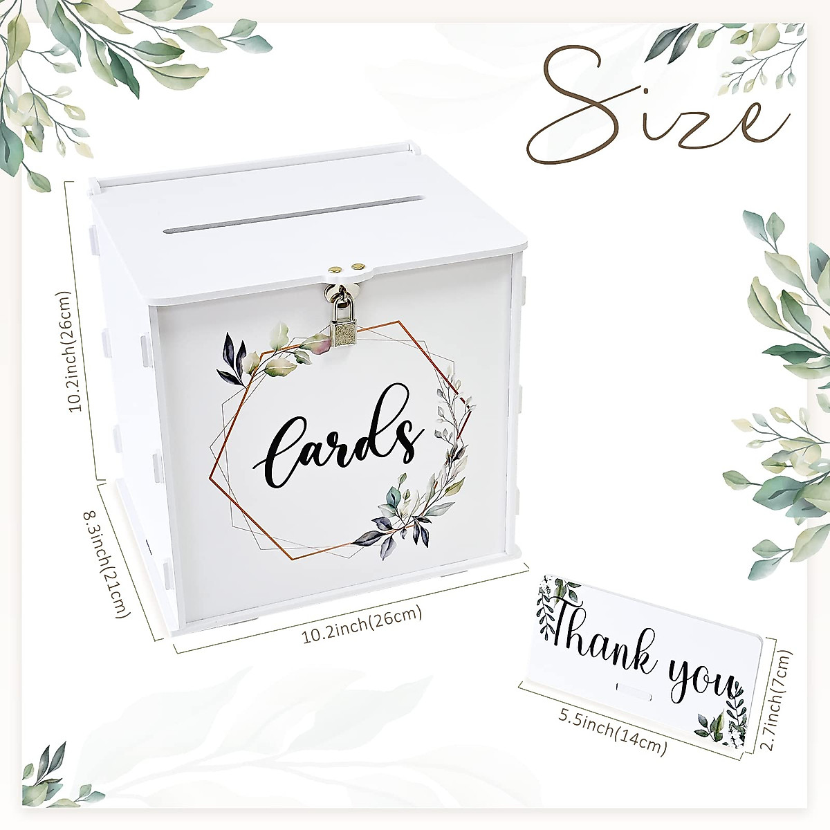 OurWarm White Wedding Card Box with Lock, PVC Gift Card Box for Wedding Reception, Eucalyptus DIY Wedding Envelope Money Card Box for Party Graduation Birthday Baby Shower Decorations